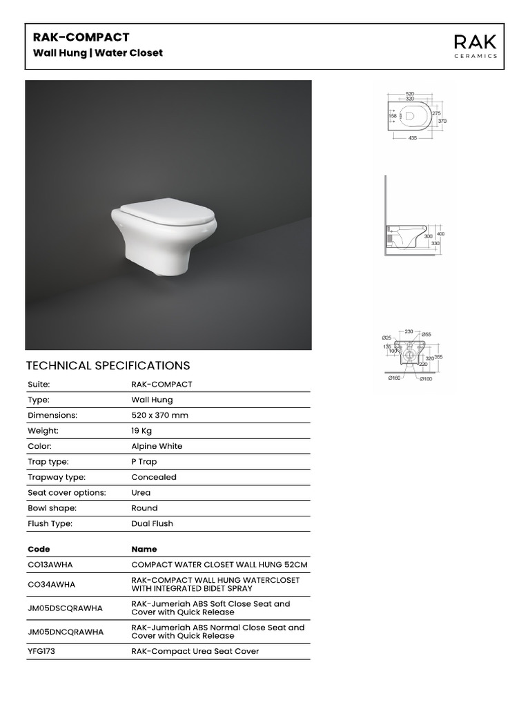 Rak Compact Water Closet Wall Hung 52cm | PDF