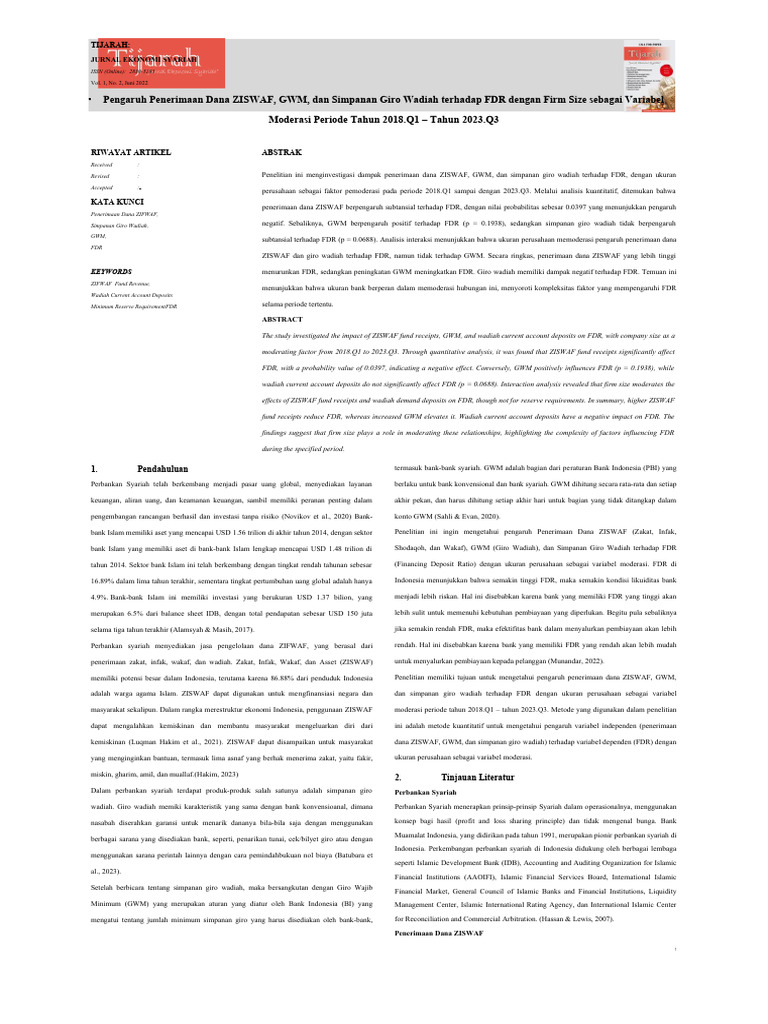 Review 26072024 Pengaruh Penerimaan Dana ZISWAF, GWM, Dan Simpanan Giro Wadiah Terhadap FDR ...
