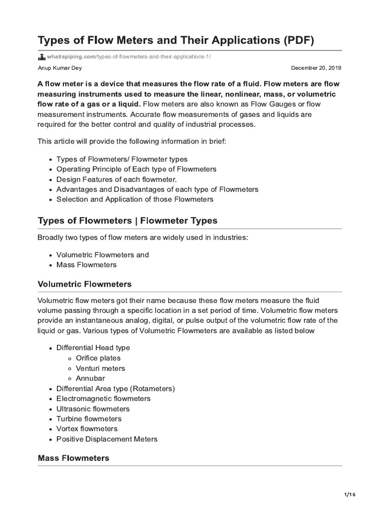 Types of Flow Meters and Their Applications PDF | PDF