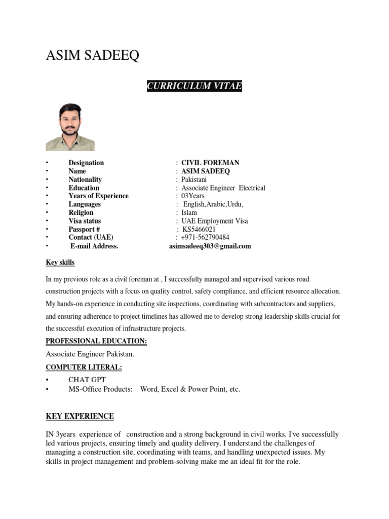 Asim Resume Civil F | PDF | Safety | Business