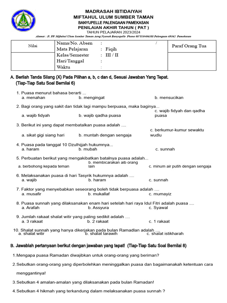 Soal PAT Fiqih KLS III | PDF