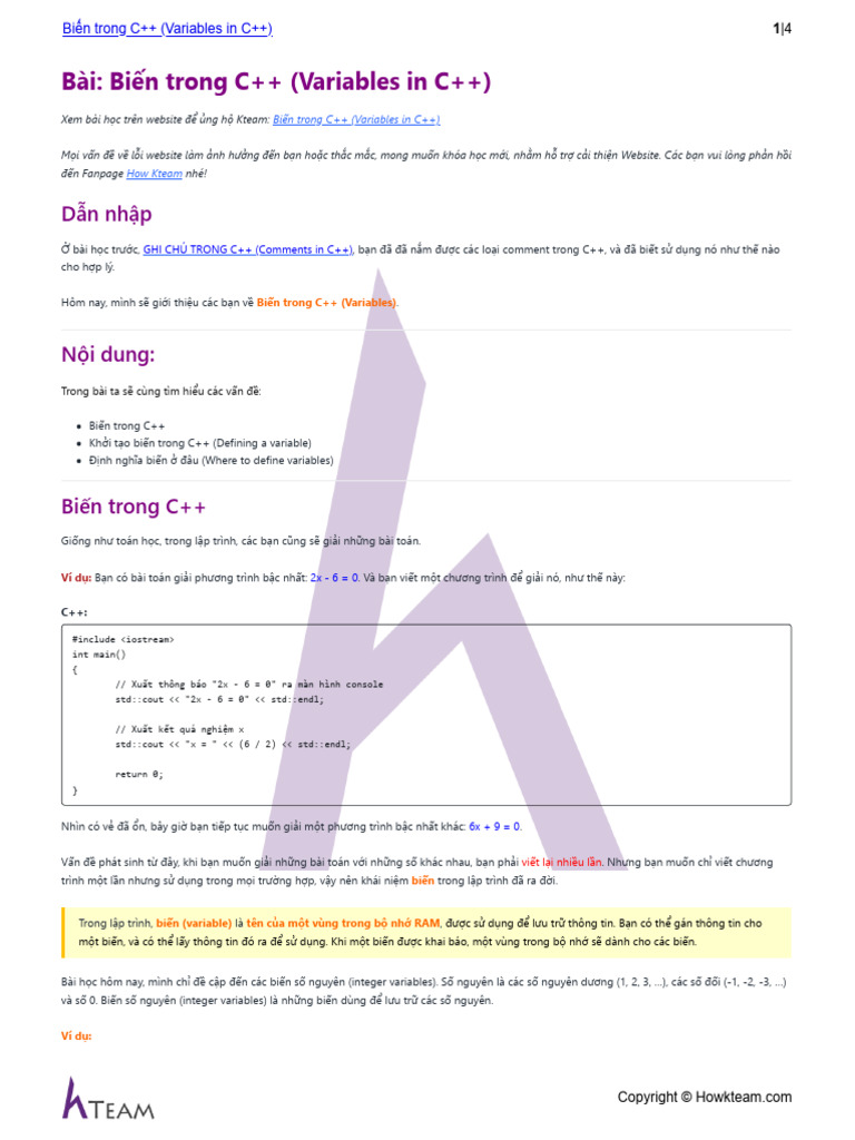 HOWKTEAM.vn - Biến Trong C++ (Variables in C++) | PDF