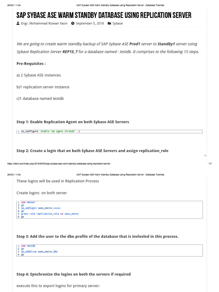 Sap Sybase Ase Warm Standby Database Using Replication Server Database Tutorials Pdf Data