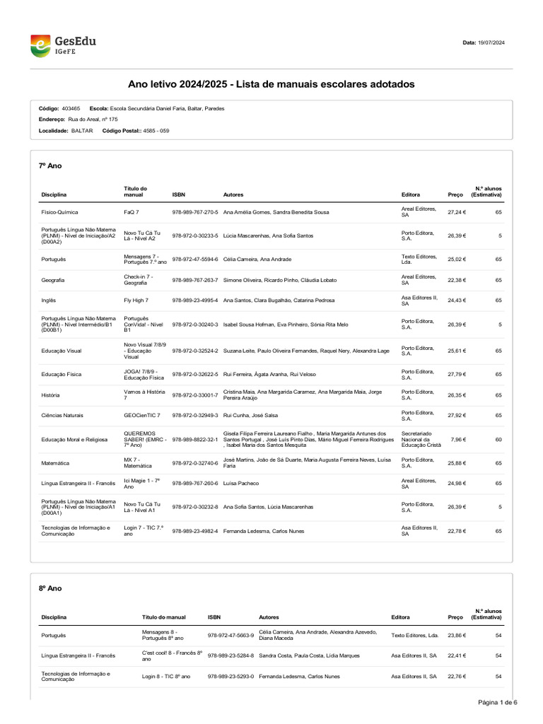 Manuais Adotados Escola Secund Ria Daniel Faria Signed | PDF | Portugal