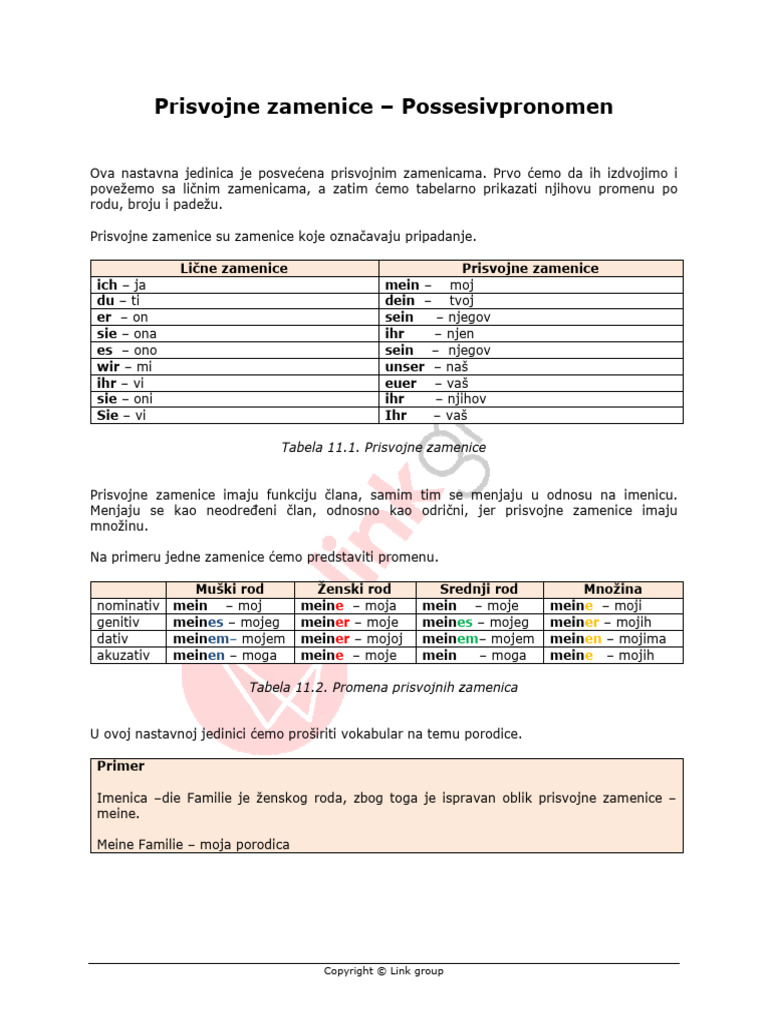 2.5 Prisvojne Zamenice - Possesivpronomen | PDF