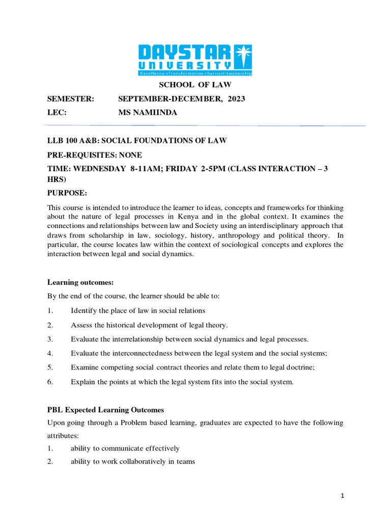 SOCIAL FOUNDATIONS OF LAW COURSE OUTLINE LLB100 SEP DEC 2023 29th ...