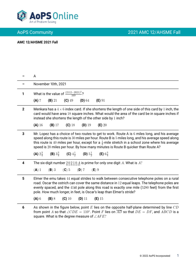 AMC 12 Problem Set Overview | PDF | Triangle | Circle