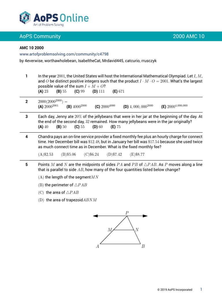 2000 AMC 10 Math Problems and Solutions | PDF | Square Root | Euclidean ...