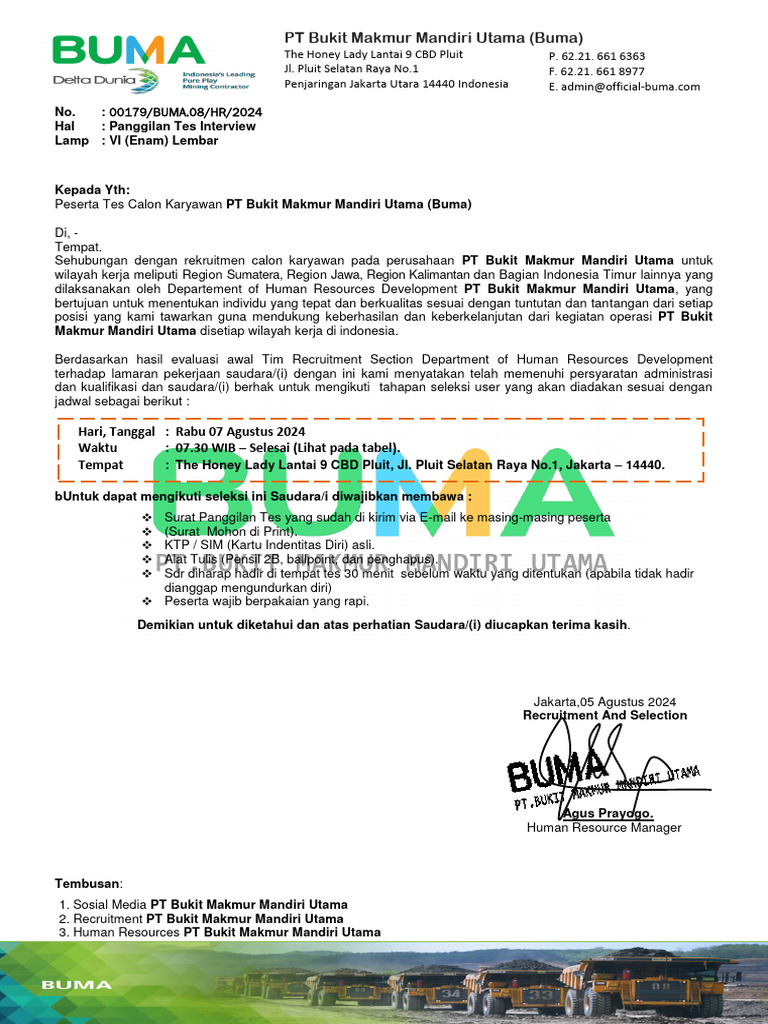 Surat Undangan Interview Calon Karyawan PT Bukit Makmur Mandiri Utama (BUMA) | PDF