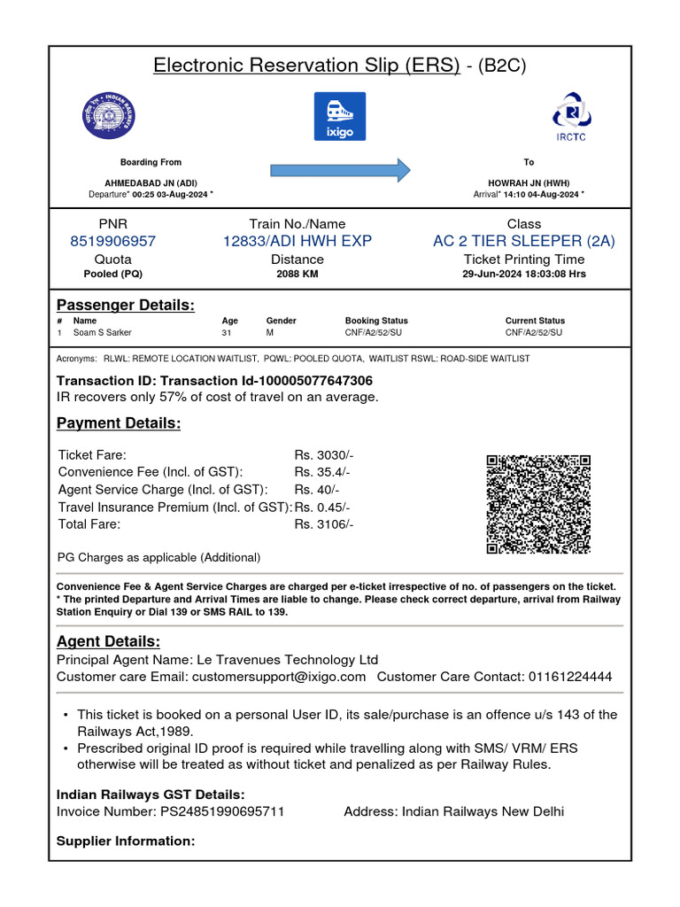 Electronic Reservation Slip (ERS) : 8519906957 12833/ADI HWH EXP Ac 2 Tier Sleeper (2A) | PDF ...