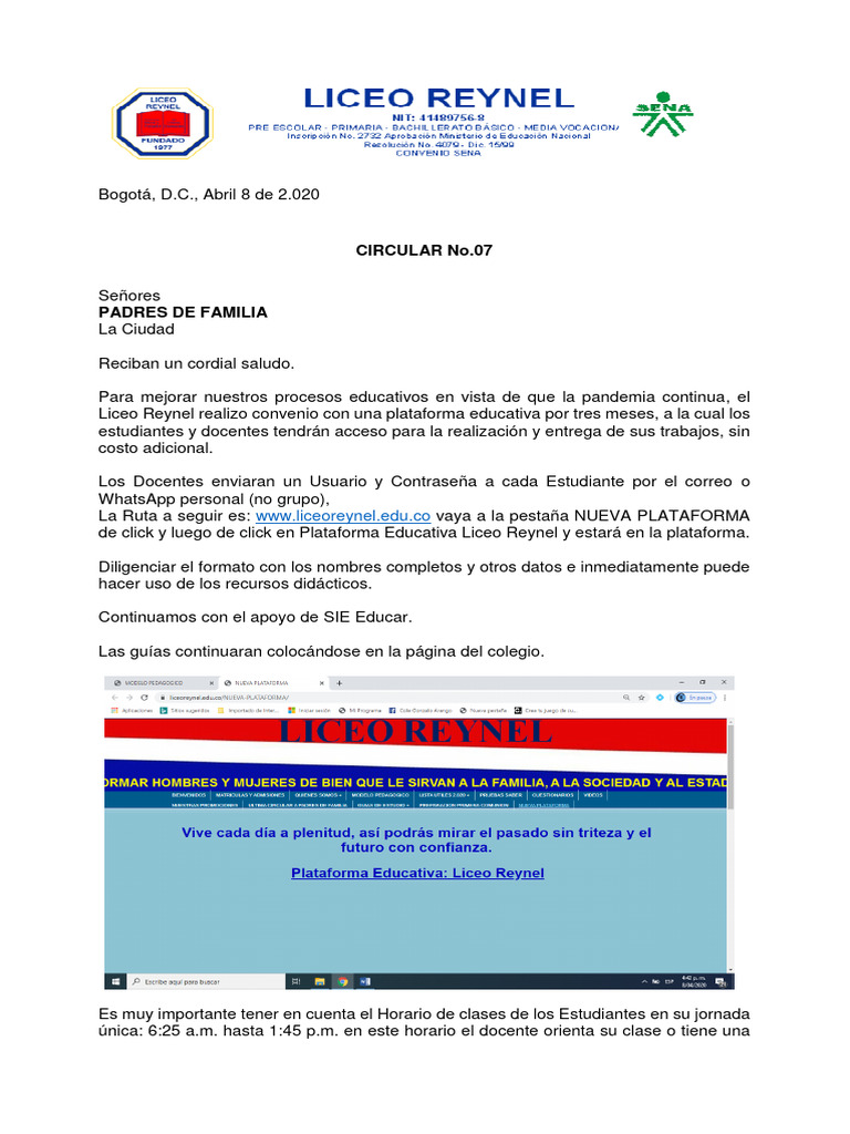 circular 07 para padres de familia liceo reynel | PDF