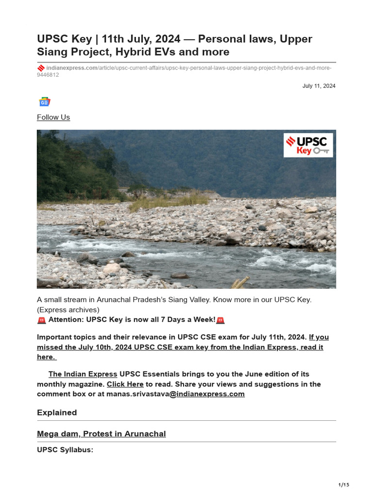 UPSC Key 11th July 2024 Personal Laws Upper Siang Project Hybrid EVs ...