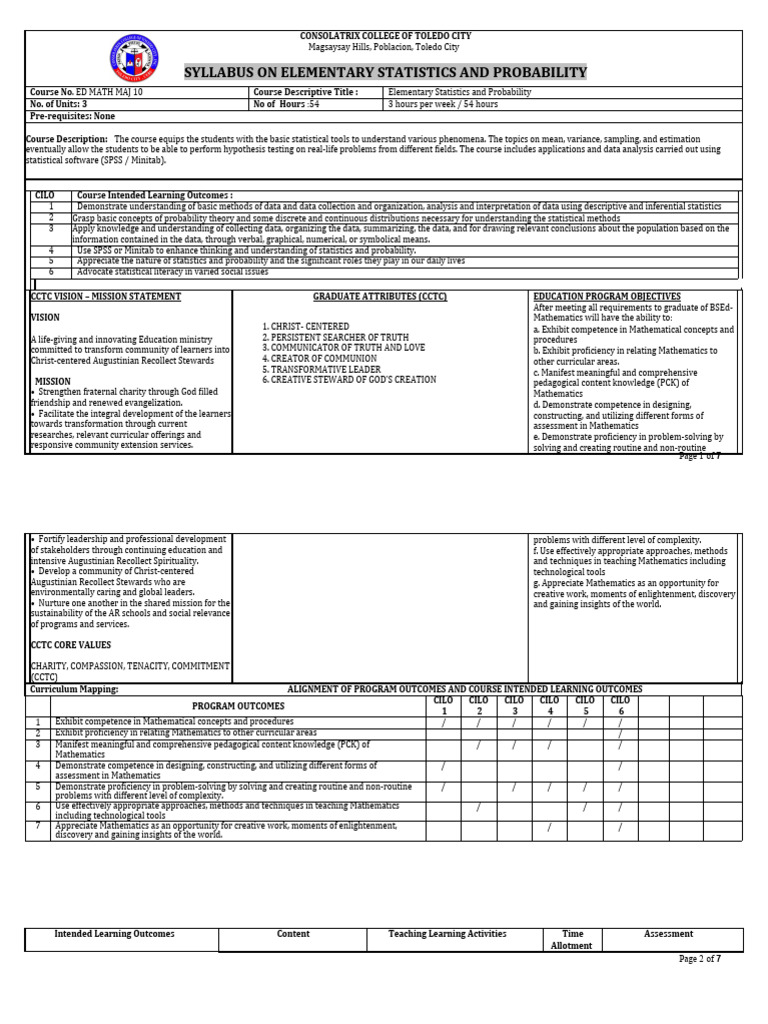 OBE Syllabus in Elementary Statistics and Probability | PDF ... OBE Syllabus in Elementary Statistics and Probability | PDF ...