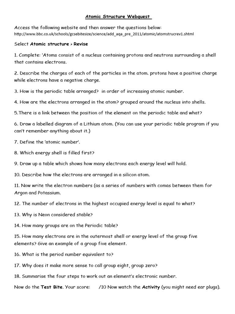 1.atomic Structure Webquest | PDF | Chemical Bond | Ion