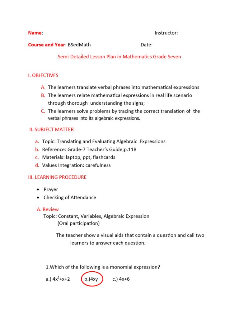 Semi Detailed Lesson Plan Sample Format | PDF | Learning | Flashcard