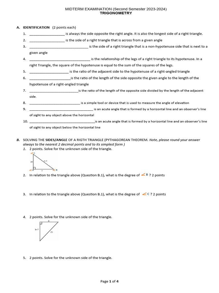 Trigonometry Exam Questionnaire Midterm Sample | PDF | Triangle ...