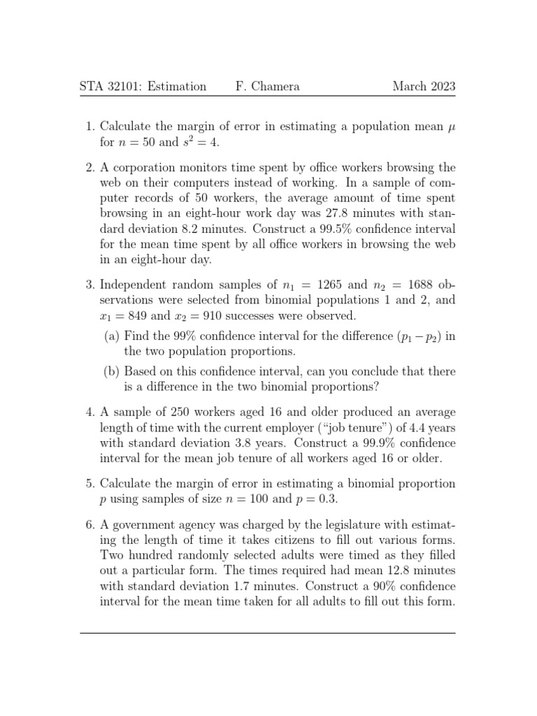 Sta 32101 Questions-Estimation | PDF | Errors And Residuals | Confidence Interval