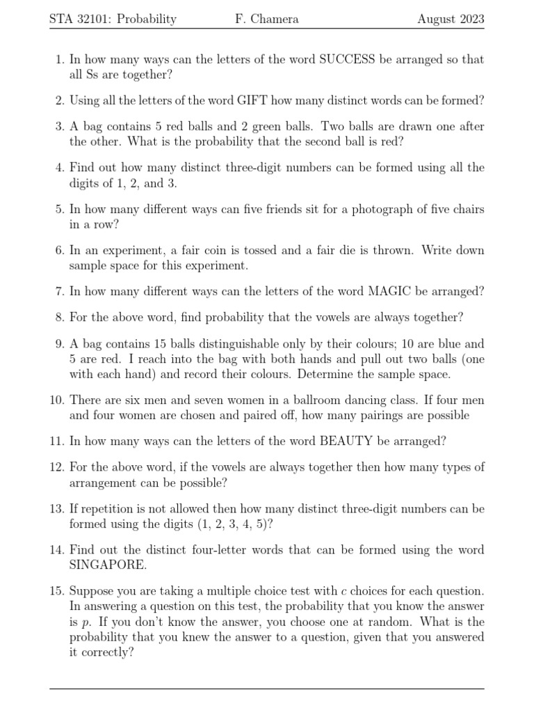 Sta 32101 Questions-Probability | PDF | Probability
