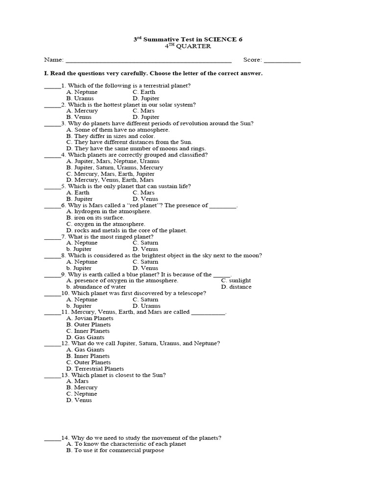 3rd Summative Test in SCIENCE 4Q | PDF | Planets | Solar System