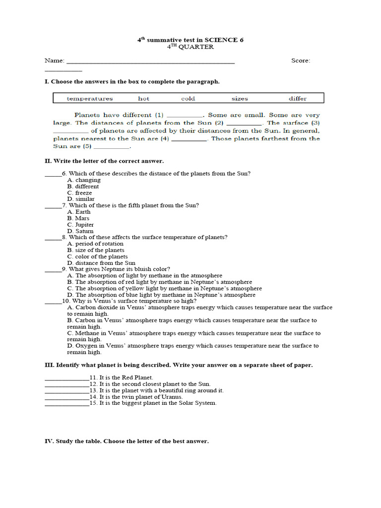 4th-summative-test-in-SCIENCE-6-4Q | PDF | Planets | Atmosphere
