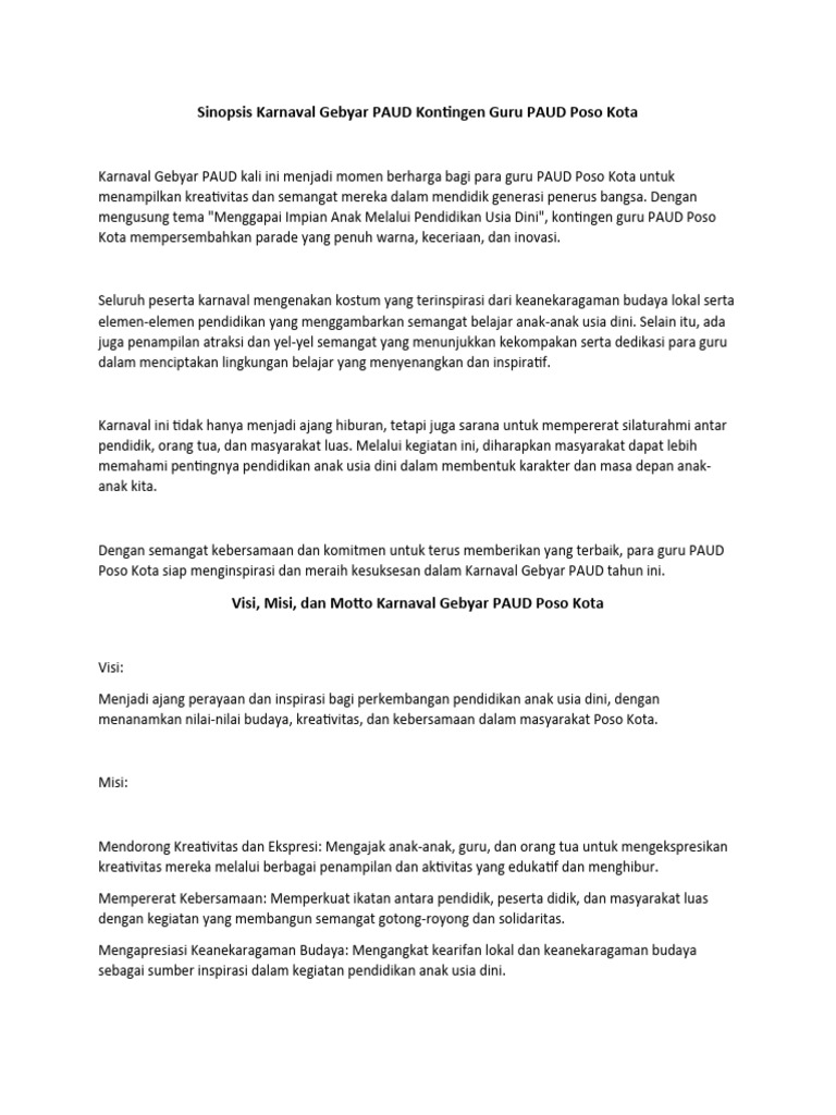 Sinopsis Karnaval Gebyar PAUD Kontingen Guru PAUD Poso Kota | PDF | Kesehatan Holistik