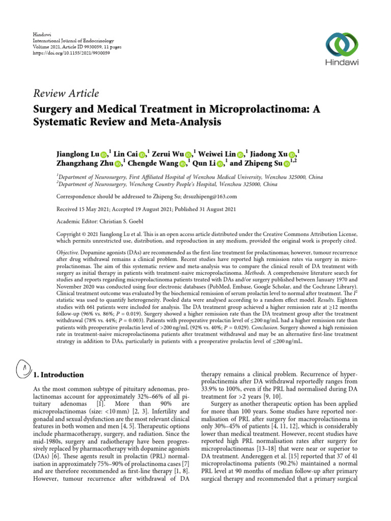 Surgery and Medical Treatment in Microprolactinoma 2021 | PDF ...