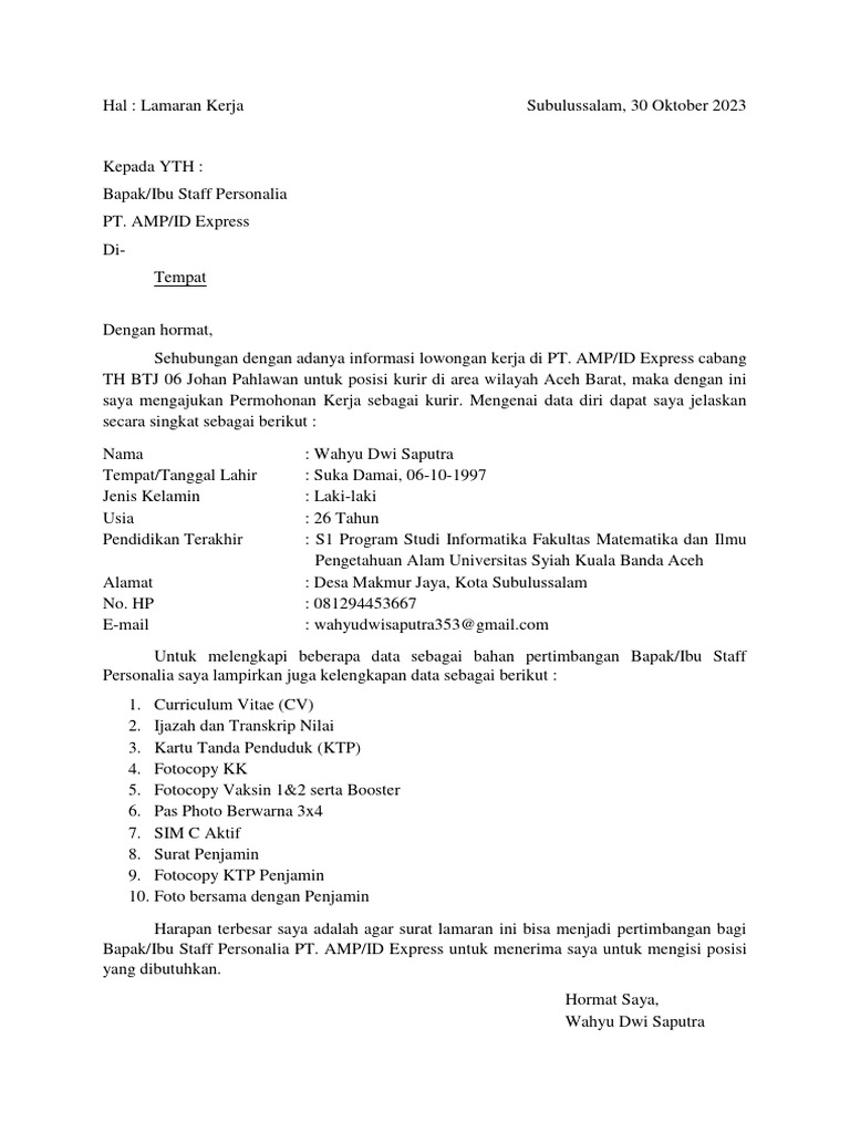 Surat Lamaran Wahyu Dwi Saputra | PDF