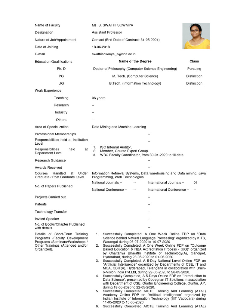 Swathi Sowmya Faculty IT | PDF | Postgraduate Education | Computing