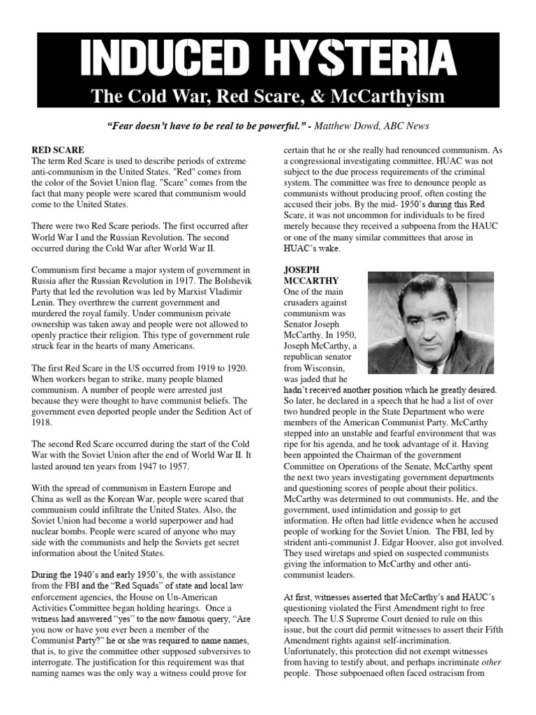 Induced Hysteria - McCarthyism | PDF | Mc Carthyism | Joseph Mc Carthy