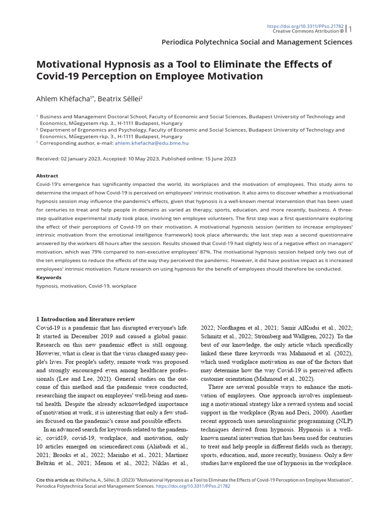 Motivational Hypnosis As A Tool To Eliminate The Effects of Covid19 Perception On Employee ...
