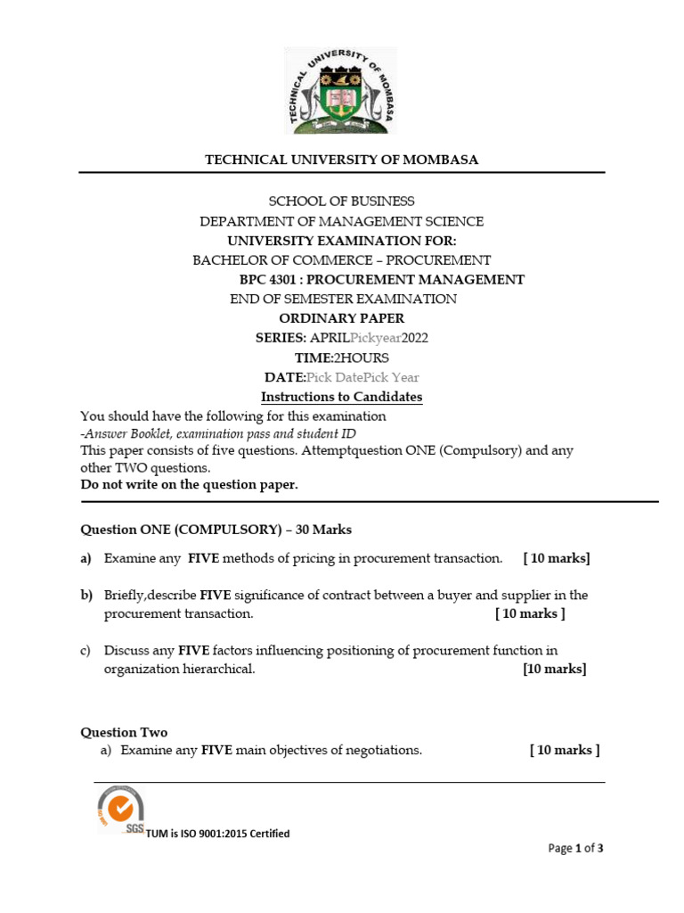14.BPC4301 Proccurement Management Paper A | PDF | Procurement | Iso 9000