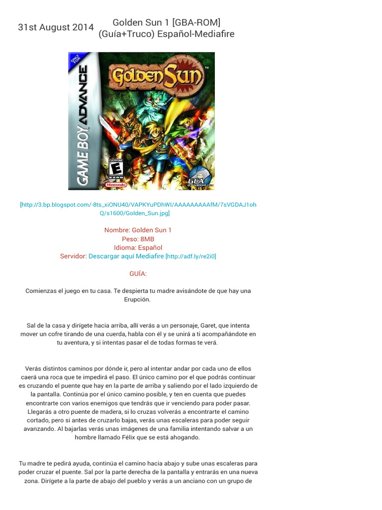Golden Sun 1 [GBA-ROM](Guía+Truco) Español-Mediafire _ Visual Advance GBA | PDF