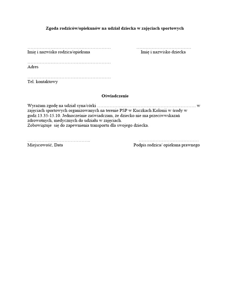 Zgoda Rodzicow Na Udzial W Zajeciach Sportowych | PDF Zgoda Rodzicow Na Udzial W Zajeciach Sportowych | PDF