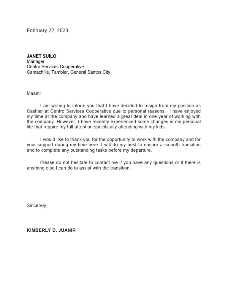 Resignation Letter Kim | PDF