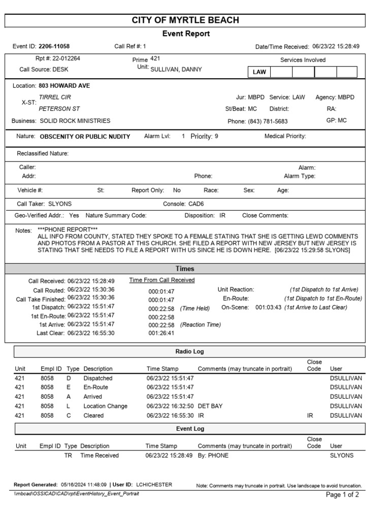 Obscenity Incident Report at Church | PDF