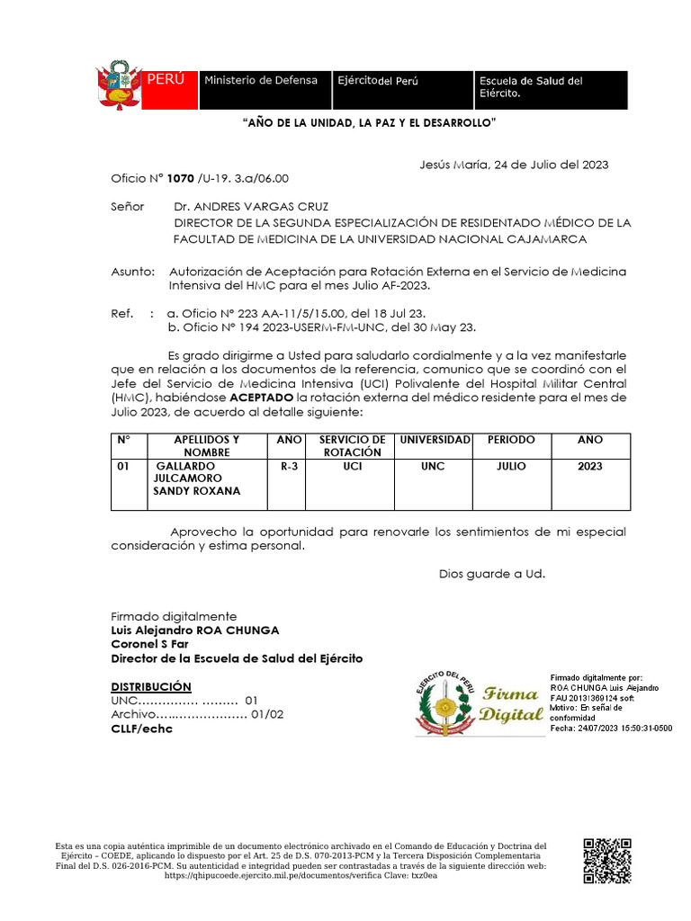 Oficio N 1070 U19. 3.a 06.00 Residente Externo Gallardo Julcamoro Sandy ...