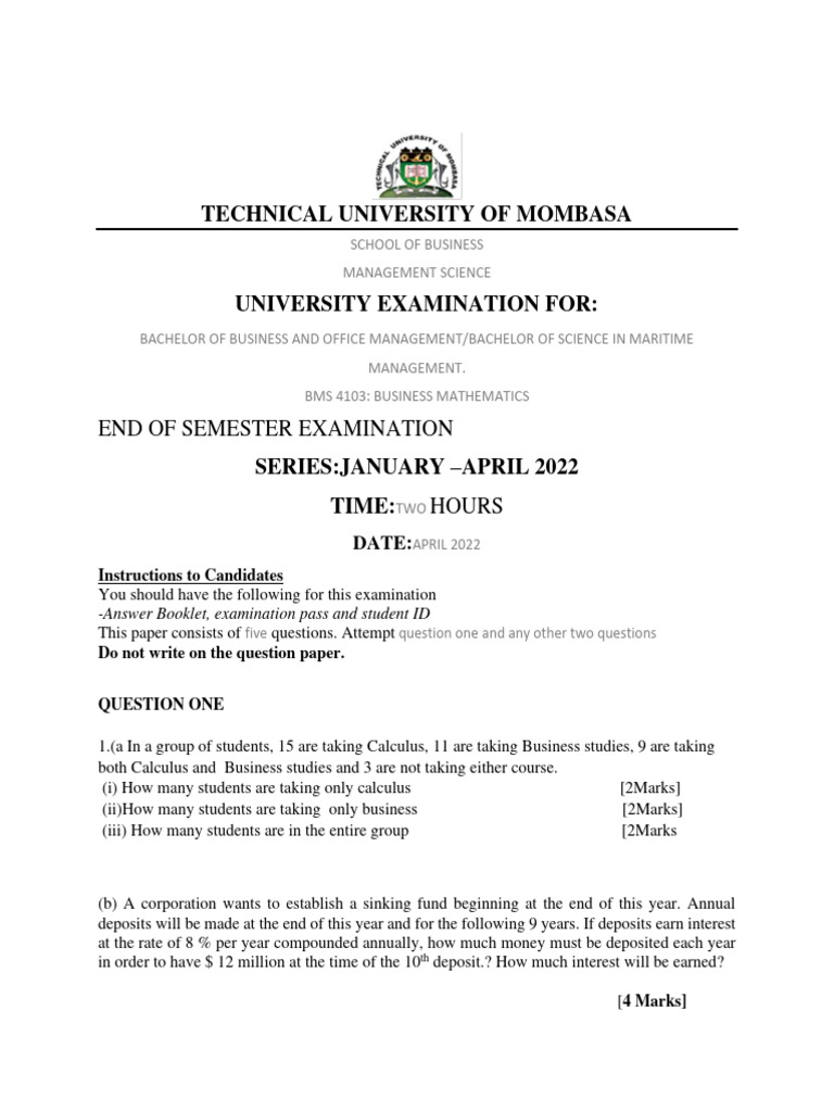 21.BMS 4103 Business Mathematics Paper A | PDF | Present Value | Interest