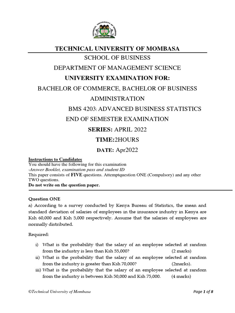 17.BMS 4203 Advanced Business Statistics Set A | PDF | Type I And Type ...