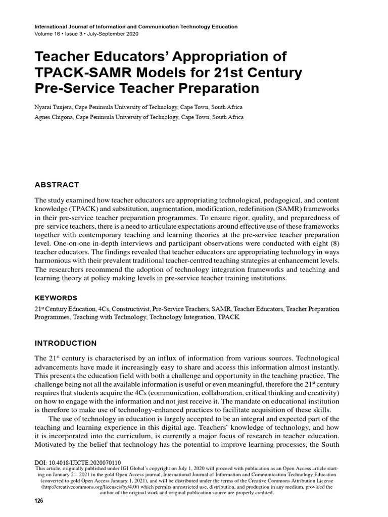 Teacher Educators' Appropriation of TPACK SAMR Models For 21st Century Pre Service Teacher ...