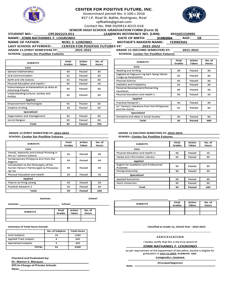 51 Form 9 Logronio | PDF | Liberal Arts Education | Science