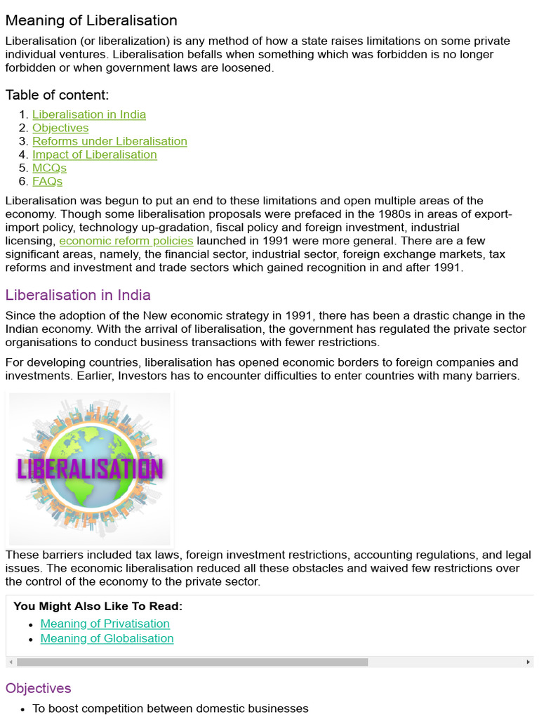 PSM 402 Liberalisation - Meaning, Impact, Objective | PDF | Economies ...