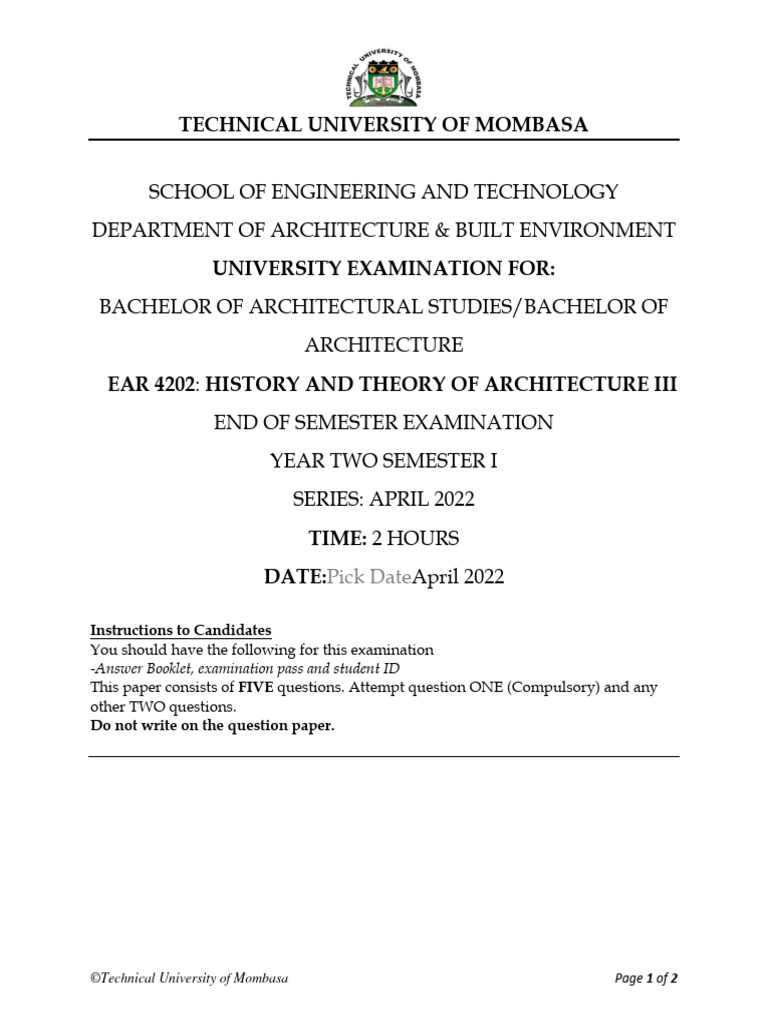 Ear 4202 - H &T of Arch Iii - Exam Questions - Paper One - April 2022 09022022 | PDF | Style