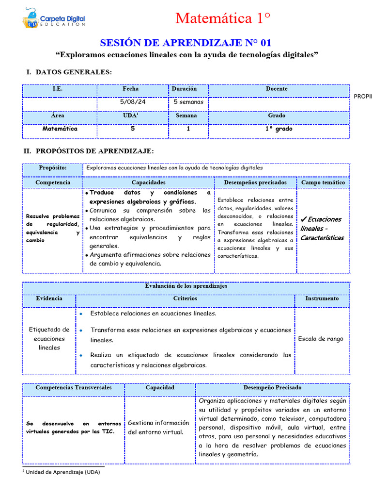 SESION 1-Exploramos Ecuaciones Lineales Con La Ayuda de Tecnologías Digitales - MATEMATICA 1RO ...