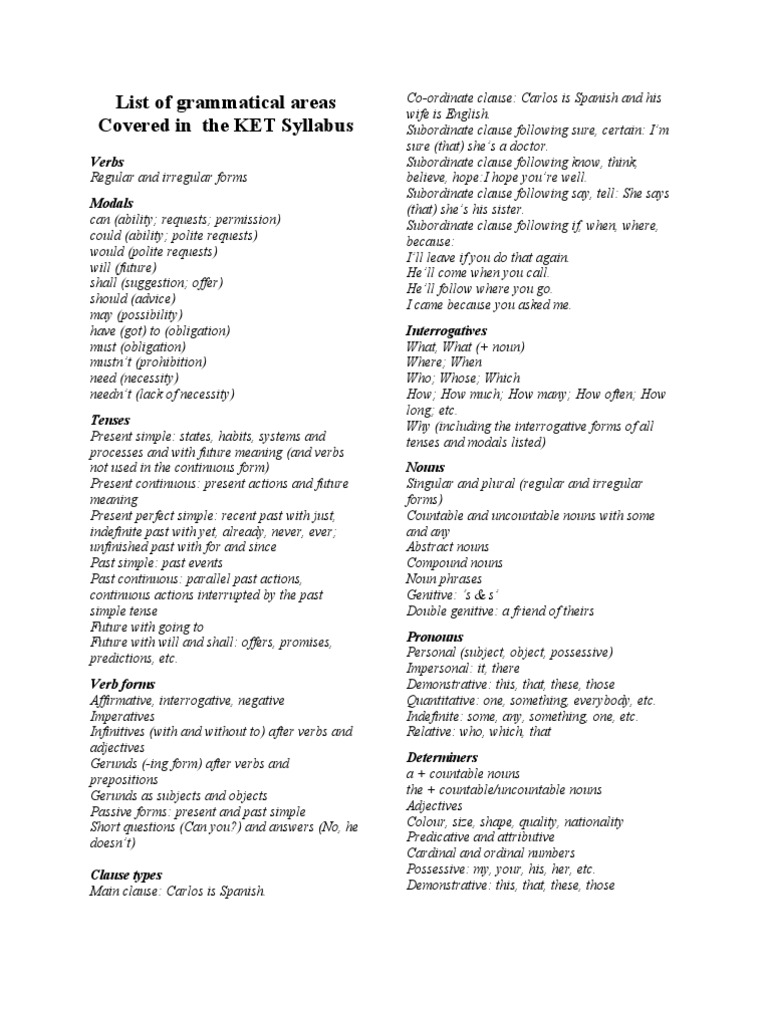 List of Grammatic Topics Covered in KET | PDF | Noun | Verb