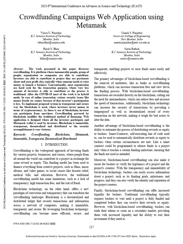 Crowdfunding Campaigns Web Application Using Metamask | PDF ...