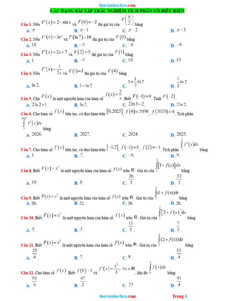 Cac Dang Bai Tap Trac Nghiem Tich Phan Co Dieu Kien Hay | PDF