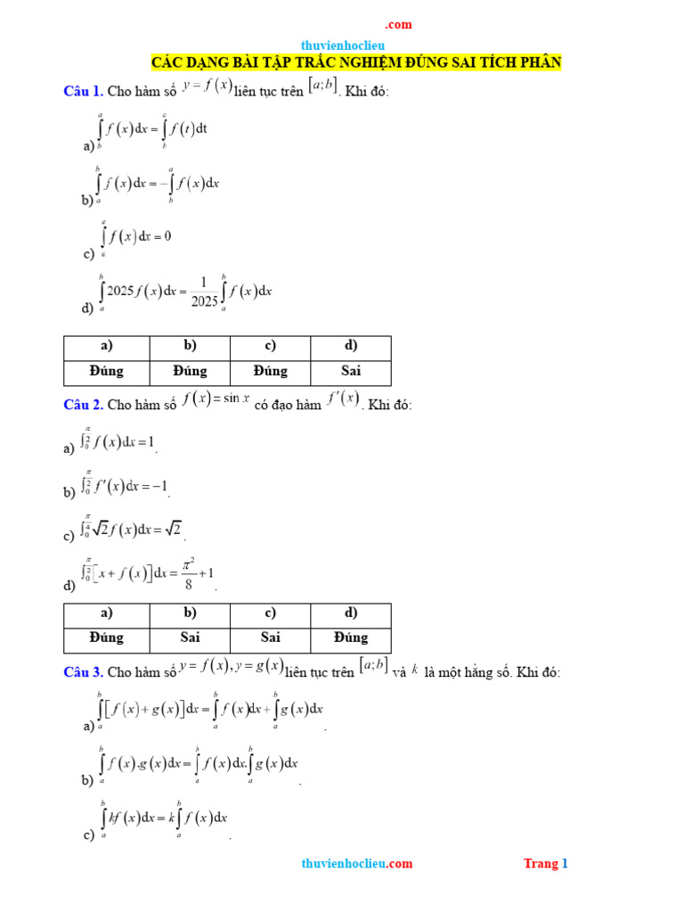 Cac Dang Bai Tap Trac Nghiem Dung Sai Ve Tich Phan Hay | PDF
