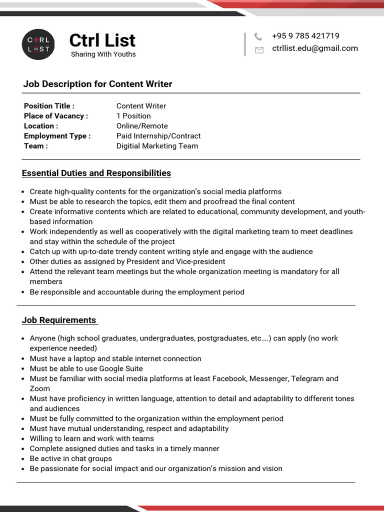 Job Description For Content Writer (CTRL List) | PDF | Social Media ...
