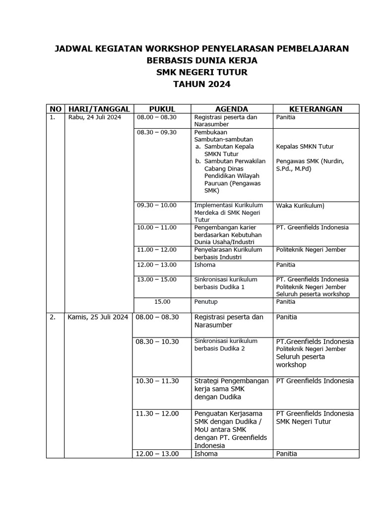 Jadwal Kegiatan Workshop Penyelarasan Pembelajaran Berbasis Dunia Kerja