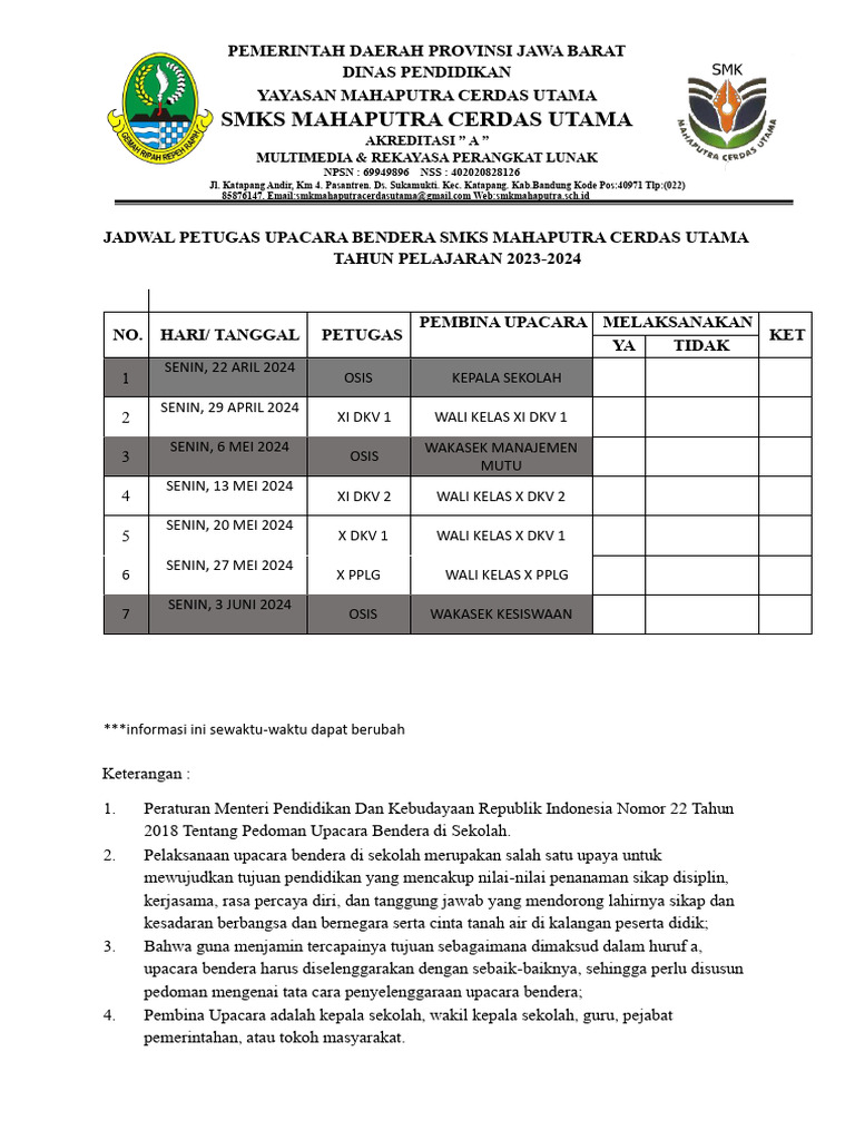 Jadwal Petugas & Pembina Upacara Akhir April - Awal Juni 2024 | PDF
